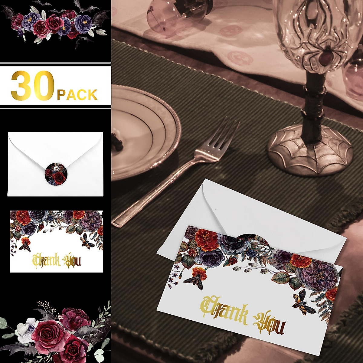 GreenPine 24 Pack Floral Thank You Greeting Cards Watercolor Halloween Flower Butterfly Invitation Cards Spooky Thank You Blank Note Cards for Halloween Party Invitation Wedding Bridal Shower, 4 x 6 Inch