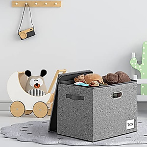 LHZK Extra Large Storage Bins with Lids 16x12x12 Foldable Linen Fabric Storage Boxes with Lids, Decorative Fabric Storage Bins with Label & 3 Handles for Shelves Bedroom Home Office (Grey, 2-Pack)