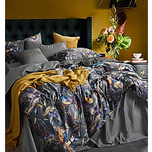 Eikei Home Chinoiserie Chic Peacock Floral Duvet Cover Paradise Garden Botanical Bird and Tree Branches Vintage Stylized Long Staple Cotton Bedding Set (Gray, Queen)