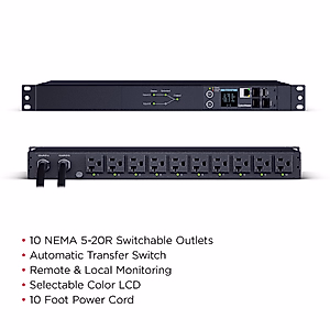 CyberPower PDU44002 Switched ATS PDU, 100-120V, 20A (Derated to 16A), 10 Outlets, 1U Rackmount