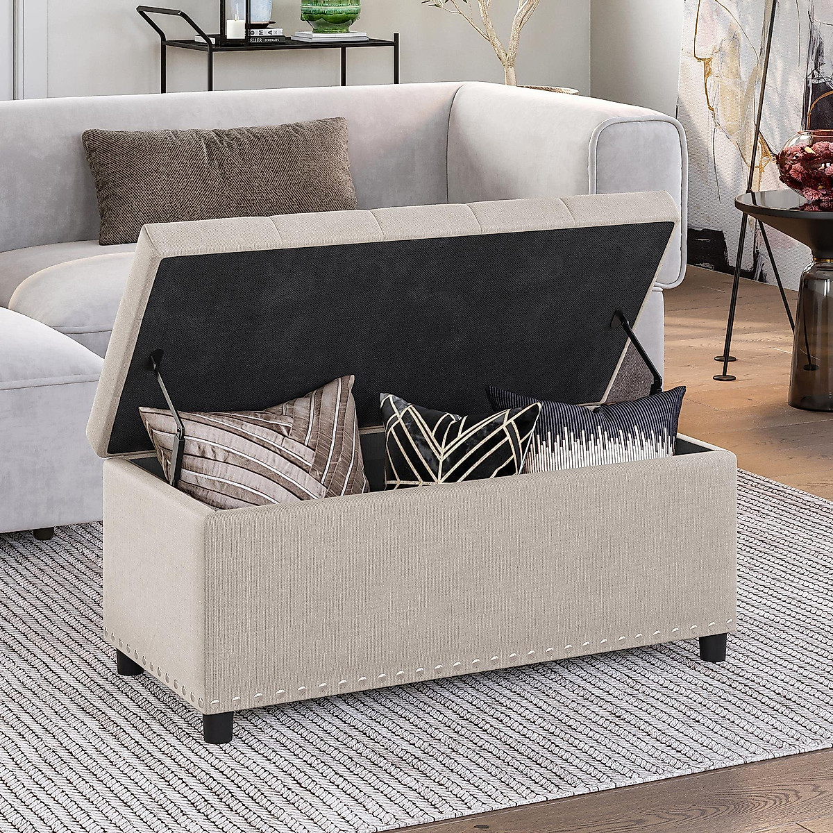 BELLEZE 35 Inch Button-Tufted Ottoman Linen Storage Bench with Safety Close Hinge for Living Room, Entryway, Hallway, Foot Rest, Support 300lbs - Beige