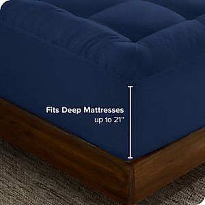 Bare Home Queen Mattress Topper Cotton Top - Fitted Mattress Cover - Cooling Breathable Air Flow - 8" to 21" Deep Pocket - Mattress Pad Protector - Soft Noiseless Mattress Pad (Queen, Dark Blue)