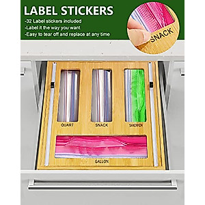 HikeSkyer Ziplock Bag Organizer, Plastic Wrap Dispenser with Cutter, 6-In-1 Expandable Kitchen Drawer Organizer, Compatible with Gallon, Quart, Sandwich, Snack Bag, Foil and Wax Paper