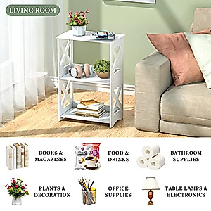 BYFU 3-Tier Side Table Set of 2, Narrow End Table with Storage Shelf, White Nightstand Bedside Table Small Bookshelf Bookcase Display Rack for Bedroom Bathroom Living Room Office