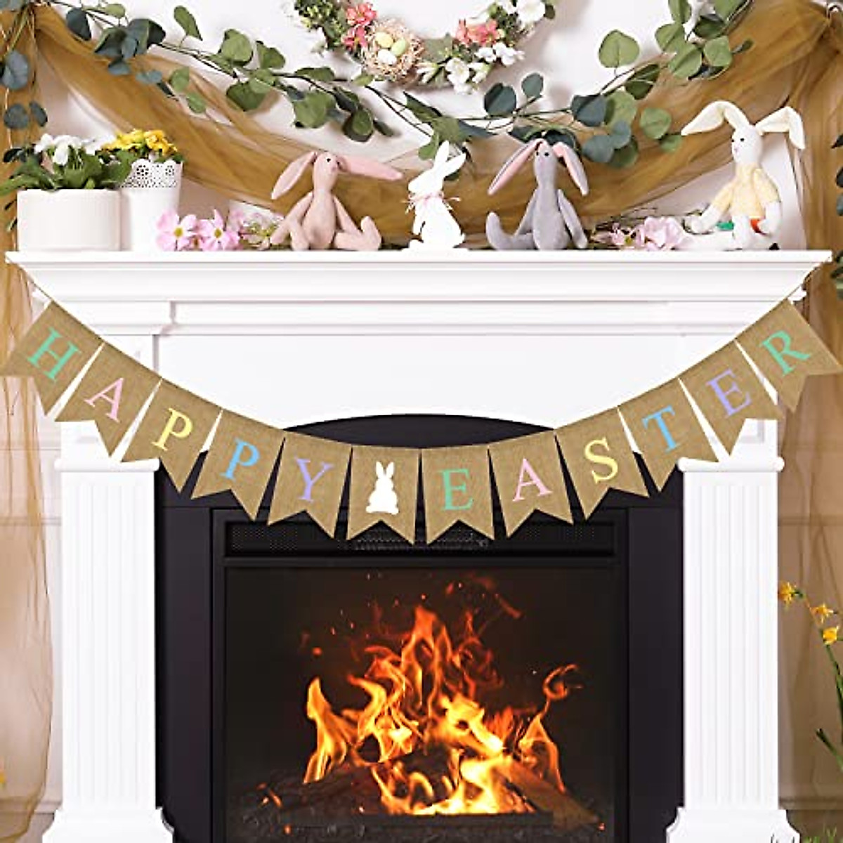 Doumeny Happy Easter Burlap Banner Easter Bunny Rabbit Bunting Garland Colorful Happy Easter Banner Bunting with White Rabbit Spring Easter Party Banner for Mantle Fireplace Wall Door Party Supplies