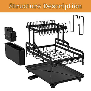 bukfen New Over The Counter Dish Rack(16.3 * 11.4 * 10.8in, Black), 2-Tiers, No Installation Stainless Steels Multifunctional Dish Drying Rack for Draining Plates