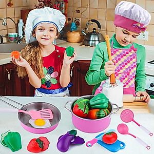 GIFTINBOX Kids Play Kitchen Accessories Set with Play Pots and Pans, Toddler Kitchen Set with Chef Apron and Hat, Birthday Gifts for Girls Toddlers Age 3-5