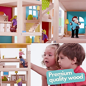 PIDOKO KIDS Skylar Wooden Dollhouse - Includes 20 Pcs Furniture Accessories, 5 Family Dolls and a Pet Dog - Wood Doll House for 3 4-5 Year Old Girls & Boys