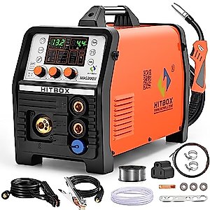 HITBOX 6 in 1 MIG Welder, Ture 200Amp Multi process Aluminum Flux Core Welder 110V 220V Synergic Gas MIG/Gasless MIG/ARC/Lift TIG/Spool Gun/IGBT Quiet Inverter Welder With Digital LCD Display