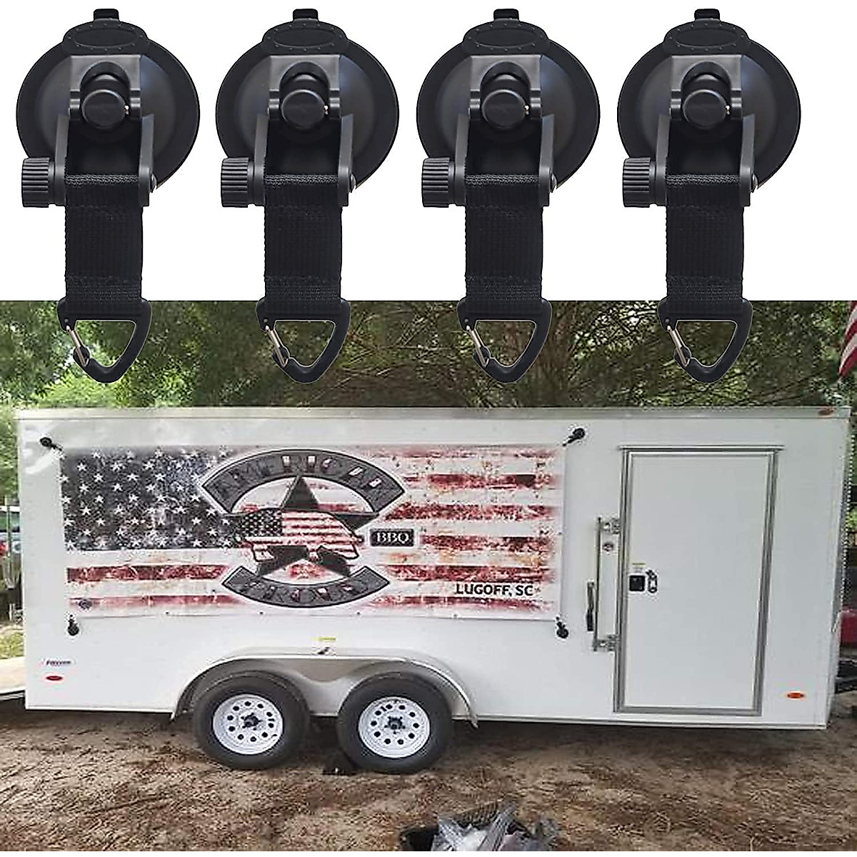 Pmsanzay 4 Pack, Heavy Duty Suction Cup Hooks Anchor with Straps, Strong Suction Cup Tie Downs - Double Suction, for PVC Inflatable Boat Raft Dinghy Kayak SUP