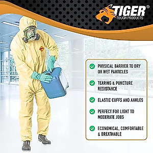 Tiger Tough Chemical Protection Coveralls for Men - Hazmat Suits with Hood & Zipper – Durable Yellow Chemical Suit for Industrial Use, Large