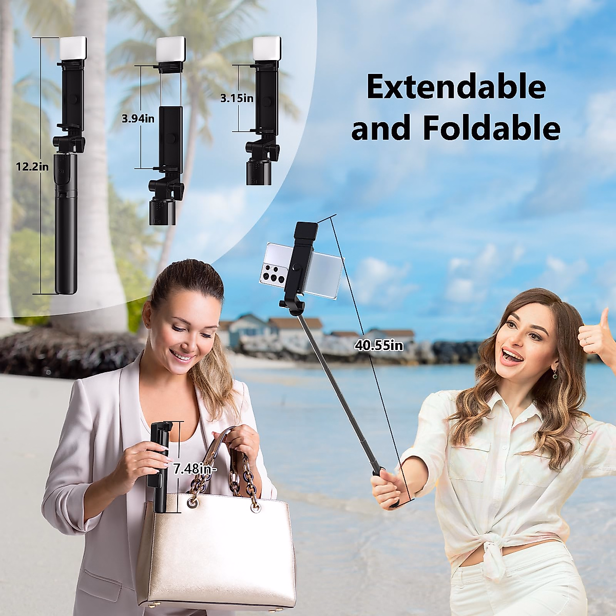 Selfie Stick, 40 in Retractable Phone Tripod with Wireless Remote Control & Light, Portable Selfie Stick Tripod for Photograph, Live Streaming, Video Recording, Compatible with All Cellphones