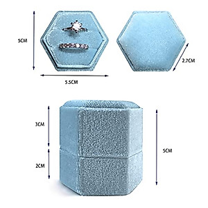 Velvet Ring Box, Hexagon Ring Holder, Double Slots Rings Bearer Jewelry Boxs 2 slot for Proposal,Engagement,Wedding(Light Blue)