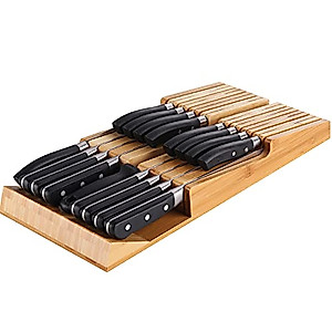 NIUXX Bamboo In-Drawer Knife Block Set for 16 Knives(Not Included), Large Kitchen Detachable Washable Cutlery Slot Organizer Storage Holder for Sharpening Steel and Cutter