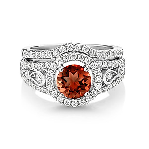 Gem Stone King 925 Sterling Silver Red Garnet and Moissanite Wedding Engagement Ring Band Bridal Set For Women (1.94 Cttw, Gemstone Birthstone, Available In Size 5, 6, 7, 8, 9)