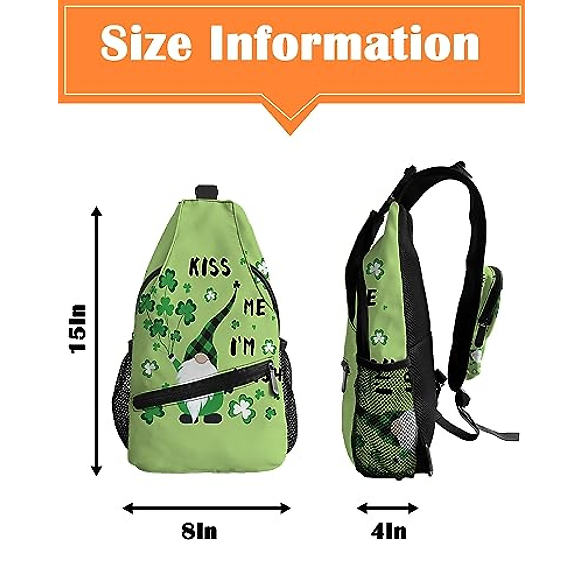 Sling Backpack, St Patrick's Day Kiss Me I'm Irish Shamrock Dwarf Green Background Waterproof Lightweight Small Sling Bag, Travel Chest Bag Crossbody Shoulder Bag Hiking Daypack for Women Men
