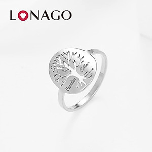 LONAGO Tree of Life Name Ring Personalized, Customize Tree Ring Engrave One Two Three Four Names Ring for Women Men (Silver Color, Sterling Silver)
