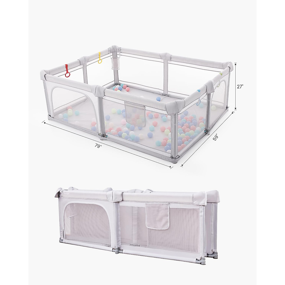 Baby Playpen Playard Foldable, Extra Large Playpen for Babies and Toddlers, Safe Sturdy Baby Fence Play Area with Gate, Removable Bottom, 79 x 59 x 27 Inches, Grey