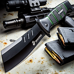 United Cutlery USMC Cleaver Maximum Assisted Opening Pocket Knife - Officially Licensed, Stainless Steel Blade, Non-Reflective, TPR Handle, Pocket Clip, Everyday Carry for Military - Closed Length 7"