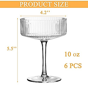 VIFVOR 6 Pcs Ribbed Coupe Cocktail Glasses, 10 oz Classic Old Styling Martini Glass Set with Gift Box Packaging Elegant Hand Blown Manhattan Goblet for Cocktail, Champagne, Bar and Gift