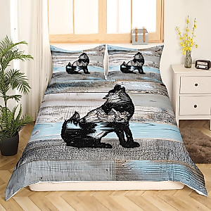 Wolf Duvet Cover Queen Rustic Farmhouse Style Bedding Set,Lodge Cabin Wood Comforter Cover Grey Blue Wooden Plank Woodland Wildlife Bed Set,Western Wild Animal Black Sketch Drawing Room Decor
