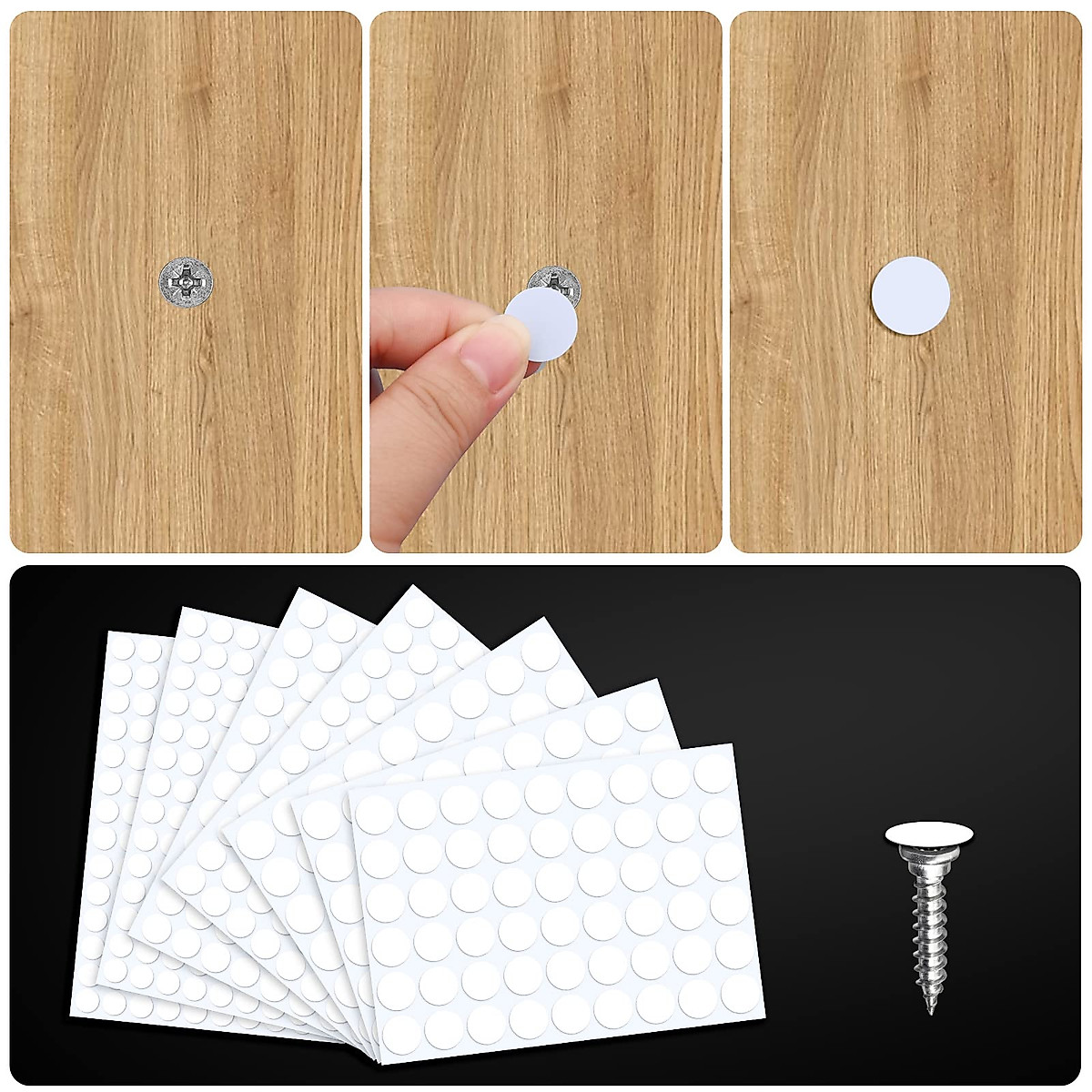 Bekecidi 12 Sheets 1160pcs Screw Hole Stickers, 3 in 1 Self-Adhesive Screw Hole Stickers Plastic Screw Cap Covers Sticker for Wood Cabinets Furniture Screws White