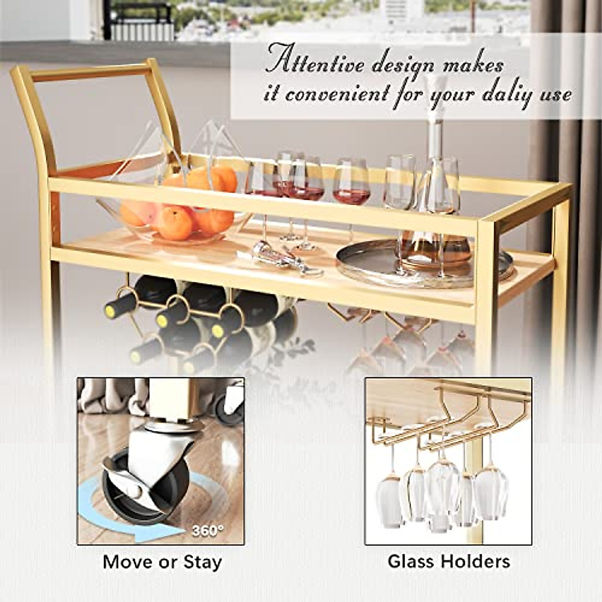 Furmax Home Industrial Serving Mobile Bar Cart on Wheels with Wine Rack and Glass Holder 2 Wood Storage Shelves for Living Room, Kitchen, Party (Gold)