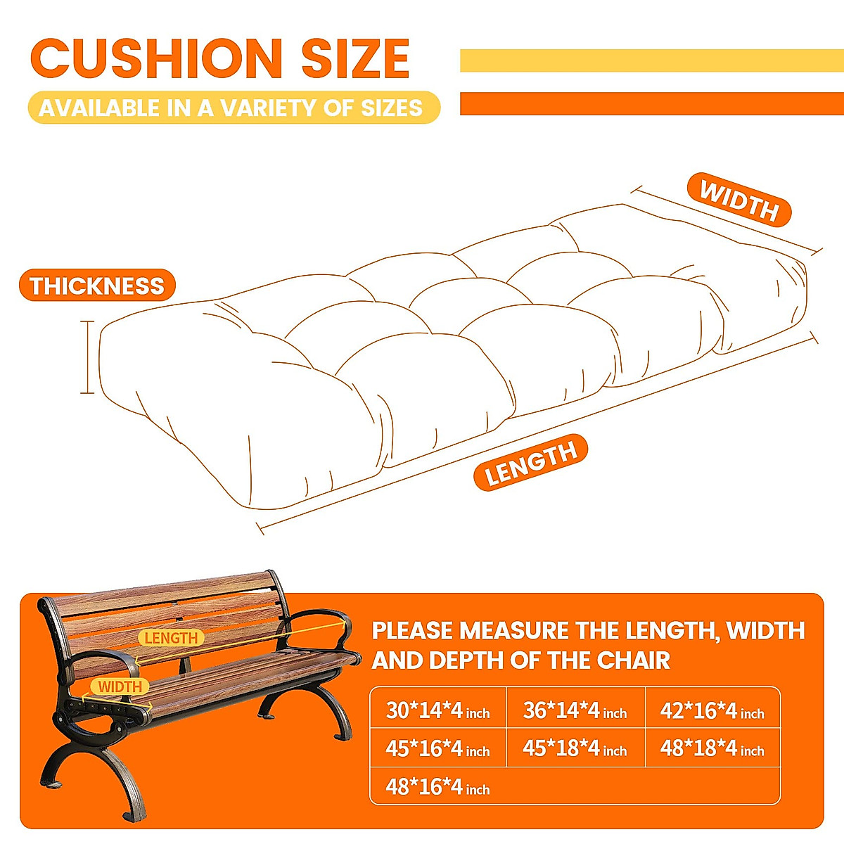RULAER Indoor 45x16 Inch Durable Bench Cushion Outdoor Non-Slip Tufted Garden Patio Furniture Cushions Two Straps Thickened Soft Kitchen Bench Pads