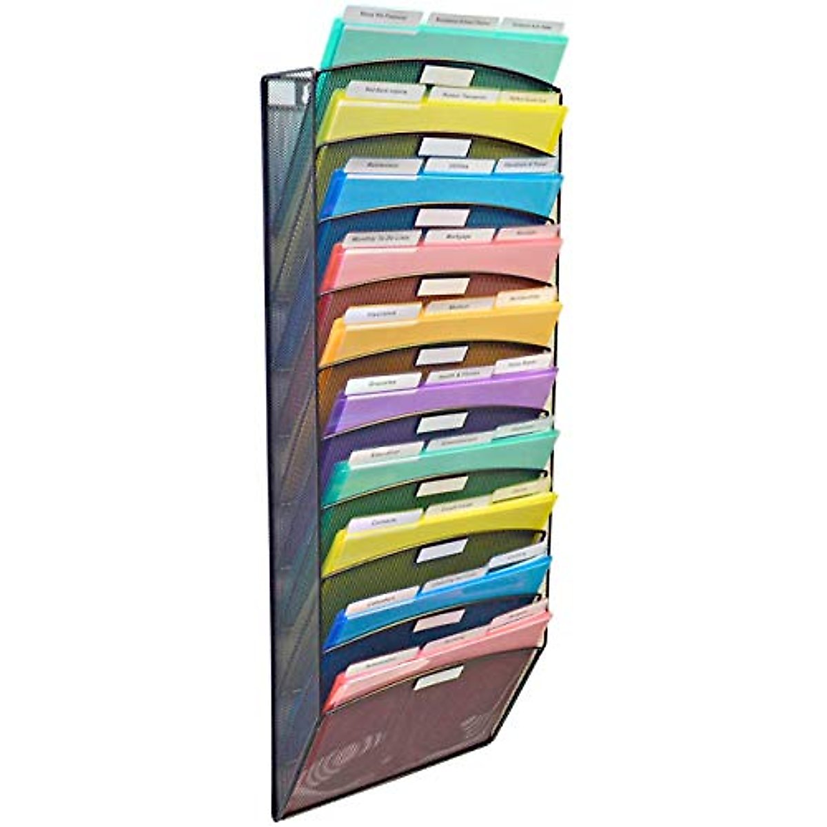 Ultimate Office Mesh Wall File Organizer, 10 Tier Vertical Mount Hanging File Sorter. Multipurpose Display Rack Includes 18, 3rd Cut PocketFile Clear Document Folder Project Pockets (Black)