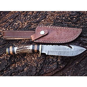 Custom Handmade Hunting Knife gut hook Skinner Fixed Blade Knife Damascus Steel 10'' Overall With Sheath