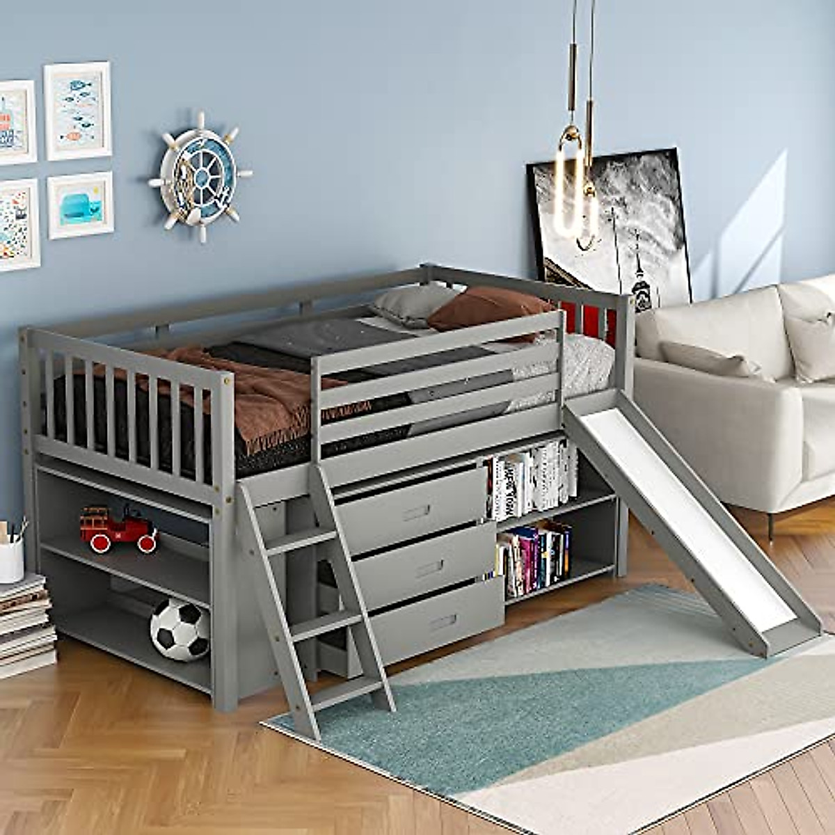 DEYOBED Twin Size Wooden Loft Bed Frame with Slide,Bookcases and Storage Drawers,Convertible Ladder for Kids Teens