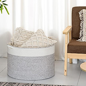 miberte Large Cotton Rope Basket-Throw Blanket Storage Basket 22" x 22" x 14" for Pillows in Living Room Woven Baby Laundry Basket with Handle,Nursery Basket Soft Toy Storage Basket Brown & White