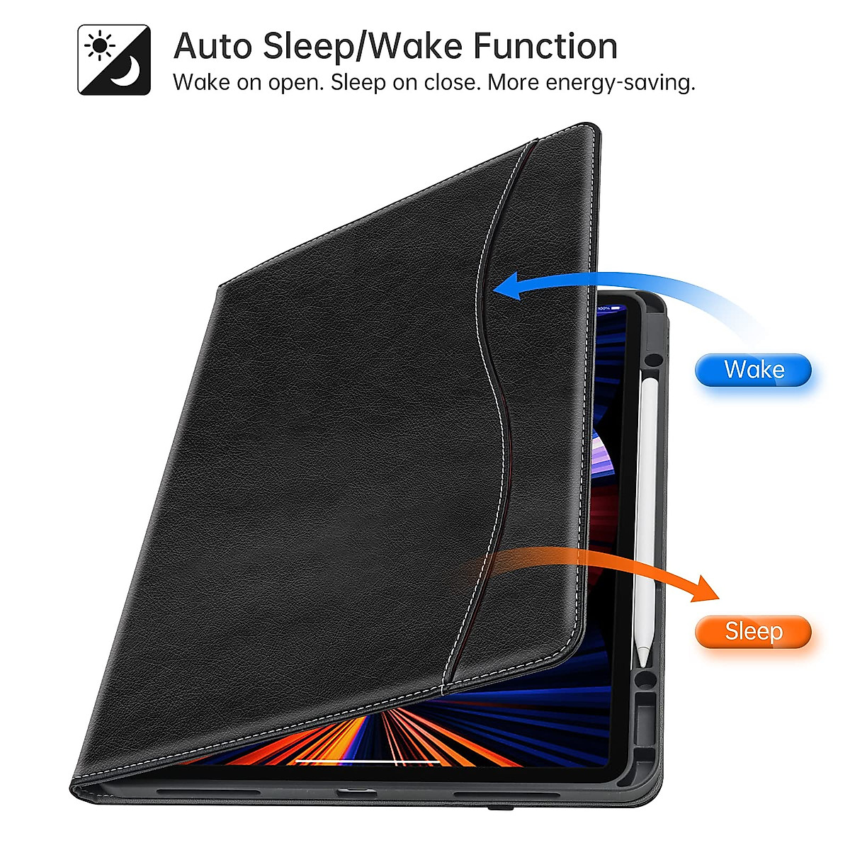HFcoupe for iPad Pro 12.9 Case 6th Generation 2022 / 5th Gen 2021, 12.9 Inch iPad Pro Cases with Pencil Holder and Pocket, Multiple Angles Viewing Flip Cover Protective Folio Auto Sleep/Wake, Black