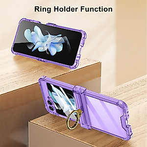 PUROOM for Samsung Galaxy Z Flip 5 Case Hinge Protection Luxury Soft Transparent with Ring Holder Built-in Screen Protector All-Inclusive Shockproof Case (Purple)