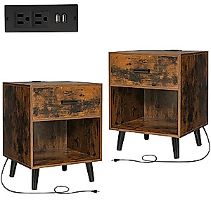 Quimoo Nightstand Set of 2 with Charging Station. Bedside Table with 1 Drawer and 1 Open Storage Space for Bedroom, Rustic Brown