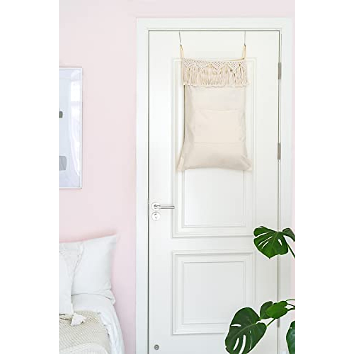 Mkono Macrame Hanging Laundry Hamper with Over The Door Hooks Saving Space Laundry Bag with Zipper and Wide Open Top Boho Decor Hanging Dorm Dirty Clothes Hamper, for Bathroom Home Travel