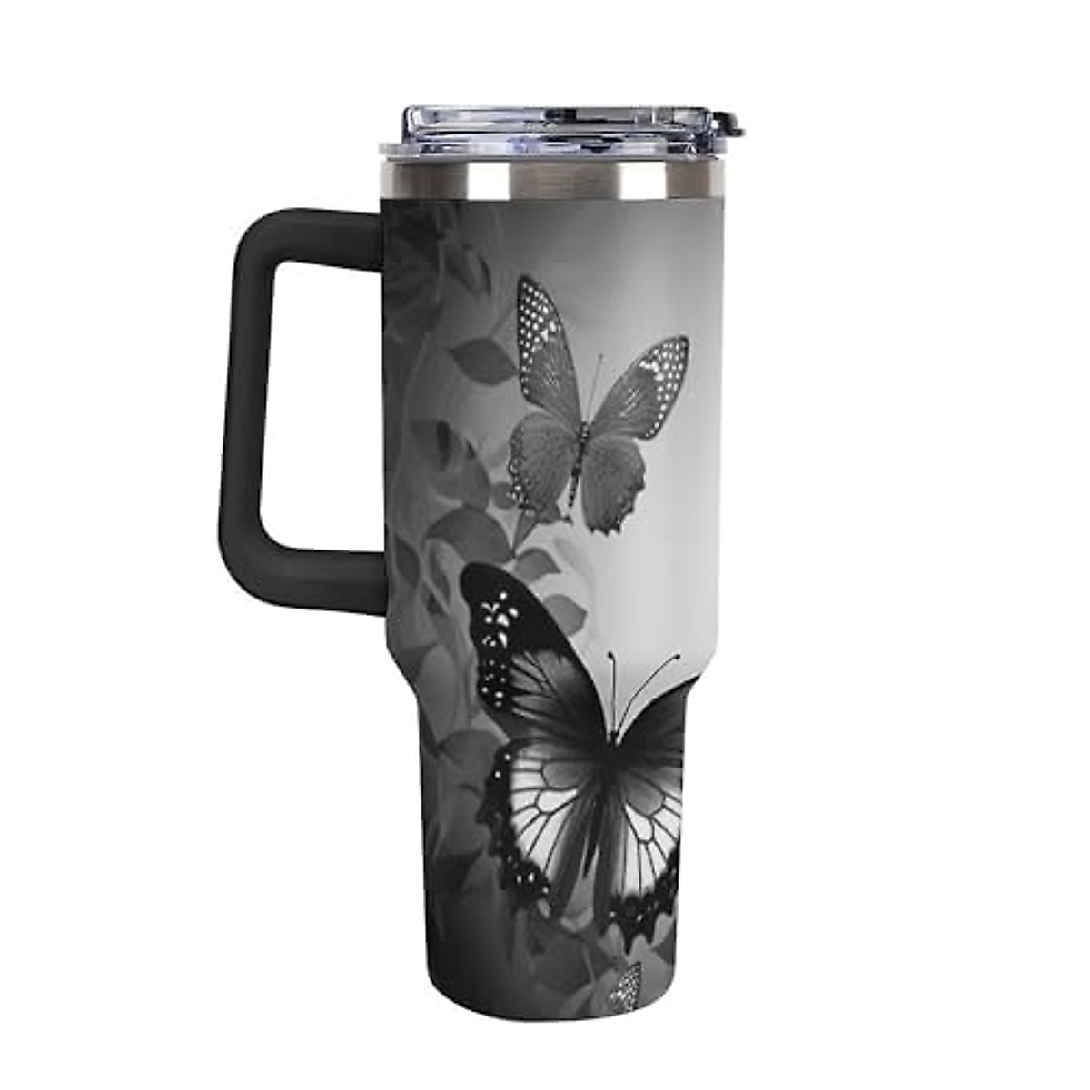 Black Gray Butterflies Insulated Stainless Steel Travel Mug, 40 Oz Tumbler with Handle And Straw Double-Wall Vacuum Coffee Cup, Leak-Proof Lid, Keeps Drinks Hot/Cold for Hours