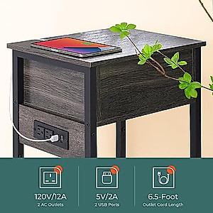 Yoobure Nightstand with Charging Station, Bedside Tables with Large Drawer and Storage Shelf, Bed Side Table/Night Stand with USB Ports & Outlets, Industrial Side Table End Table for Bedroom, Gray