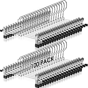 100 Packs Pant Hangers with Clips Adjustable Metal Pants Bulk Hanger Skirt Hangers for Women Kids Space Saving Heavy Duty Ultra Thin Short Hangers for Clothes Jeans Closet Organizer, Silver and Black