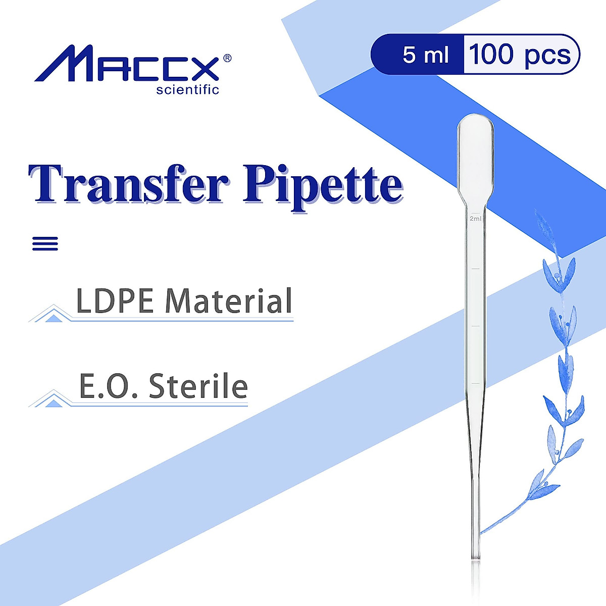 Maccx 100pcs Sterile Transfer Pipettes, Vol. 5ml, 2ml Graduated, 155mm Long, Essential Oils Pipettes, Low-Density Polyethylene Material, Individual Peel-Pack, TPP5155-100