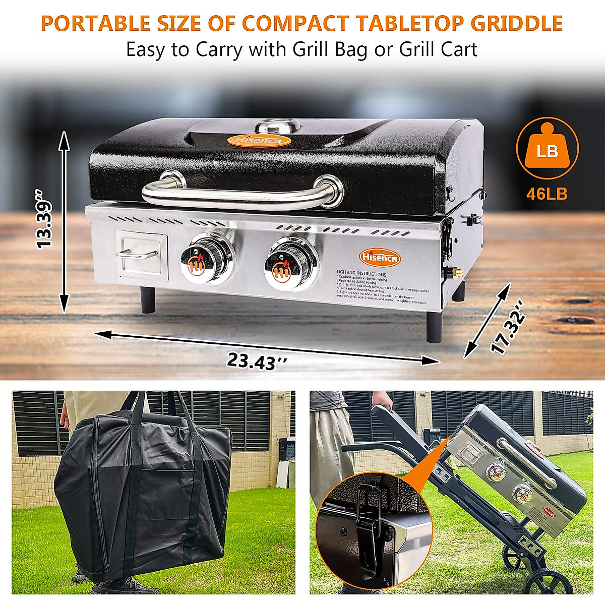 Hisencn Portable Flat Top Grill and Portable Grill Cart Folding Cart Outdoor Griddle Stand Shelf, Nonstick Camping Griddle 348 sq. in. 24000 BTUs Griddle for Tabletop Gas Grill, 22 Inch with Hood