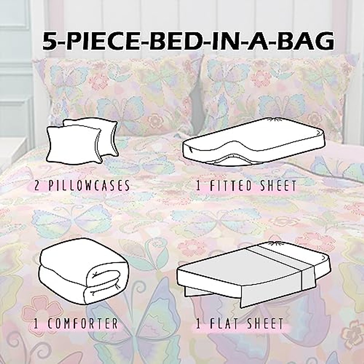 Podol Girls Pink Comforter Set Full Size, Butterfly Flowers Pattern Bedding Set, 5pc Lightweight Bed in A Bag with 1 Comforter, 2 Pillowcases, 1 Flat Sheet and 1 Fitted Sheet for Kids