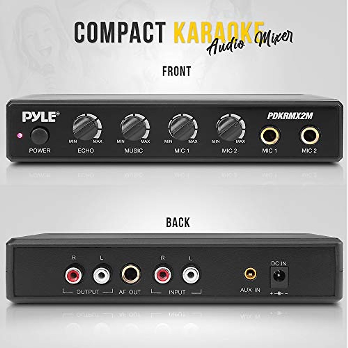 Pyle Compact Karaoke Audio Mixer - Professional Portable Audio Sound Mixer Mic Receiver w/Two Microphone Inputs, RCA, AUX, Mic Level/Music/Echo Controls, for DJ Sound, Home Party & Theater - PDKRMX2M