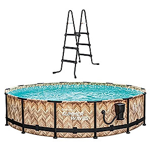 Summer Waves Light Oak Elite 14 Foot by 36 Inch Outdoor Backyard Round Frame Above Ground Swimming Pool Set with Ladder and Filtration Pump