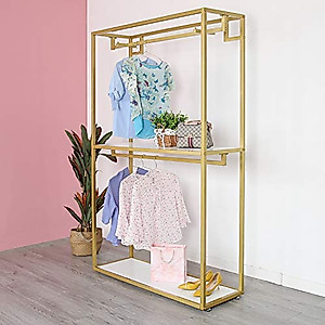 FONECHIN Metal Clothes Display Rack Free Standing Garment Clothing Rack with Wooden Shelves Cover Heavy Duty Closet Hanging Rack Gold,59"