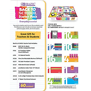 BAZIC School Kit Pack 60 Count, School Supply Box for Elementary Student K-6, Ruler Composition Book Pencil Eraser Crayon, 1-Pack