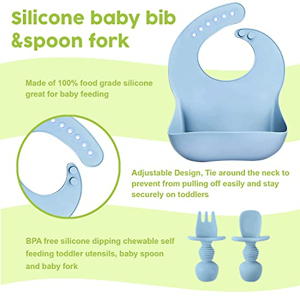BAEDIMI Baby Led Weaning Supplies - Silicone Baby Feeding Set - Divided Plate, Suction Bowl, Bib, Self Feeding Spoon and Fork, Teethers Set - First Stage Solid Food Eating Utensils 6+ Months