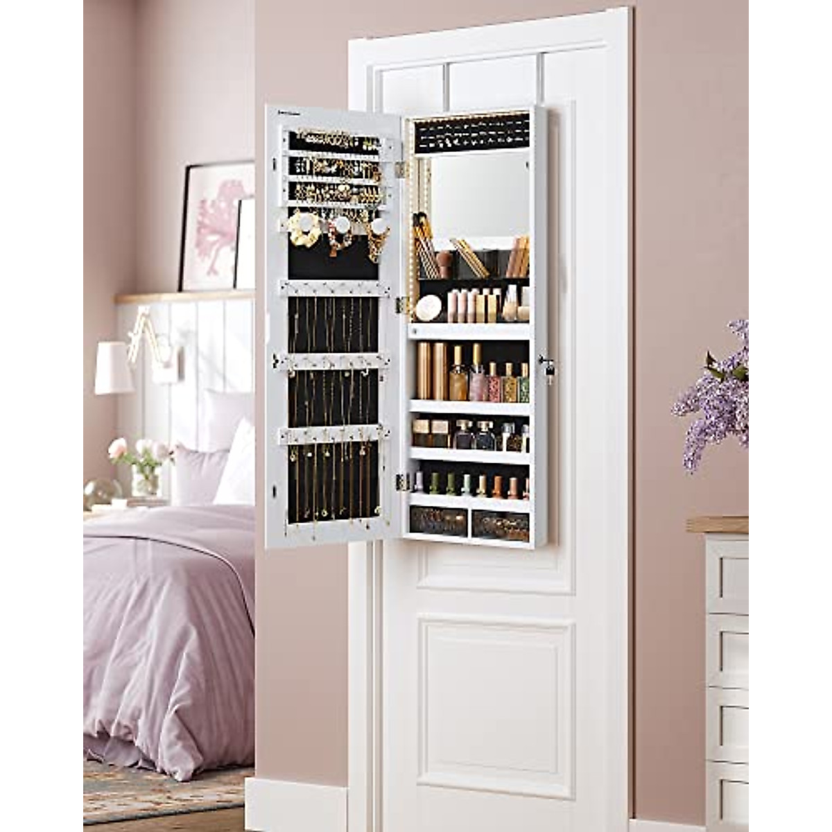 SONGMICS Mirror Jewelry Cabinet Armoire Organizer, Wall or Door Mount Storage Cabinet with Full-Length Frameless Lighted Mirror, Built-in Makeup Mirror, 2 Drawers, Lockable, White UJJC013W01