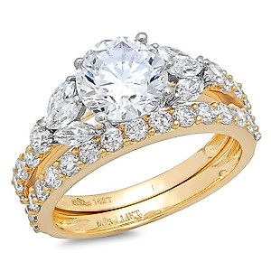Clara Pucci 3.06ct Round Cut Genuine Zircon 14k 2 tone Gold Solitaire W/Accents Wedding Engagement Set Bridal Anniversary Ring Size 5.25
