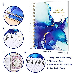Monthly Planner/Calendar 2023-2025 - Jul. 2023-Jun. 2025, 2023-2025 Monthly Planner, 9" × 11", 2 Year Monthly Planner with Monthly Tabs + Pockets + Thick Paper + Twin-Wire Binding - Waterink